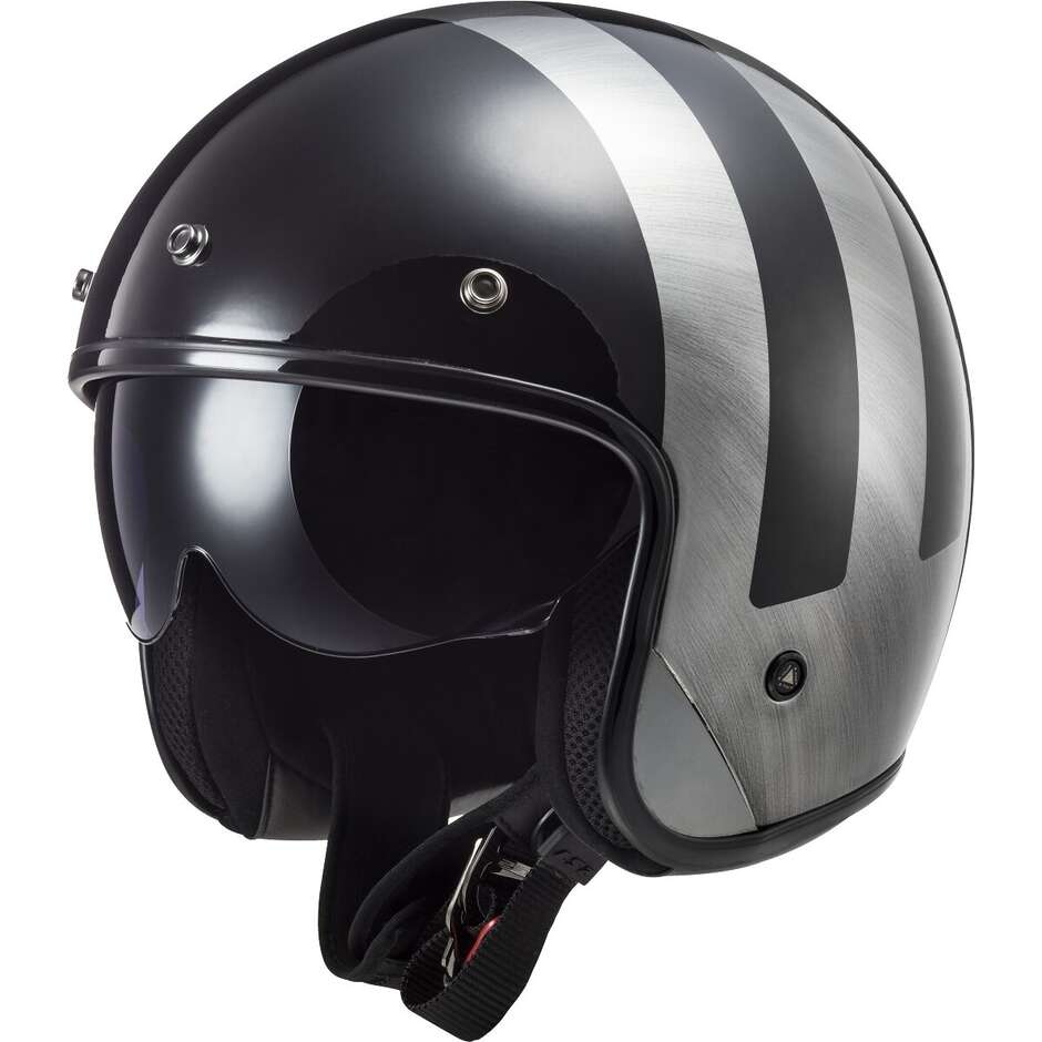 Casco Moto Jet Cafè Racer Ls2 OF601 BOB 2 Lines Nero Lucido Jeans ...