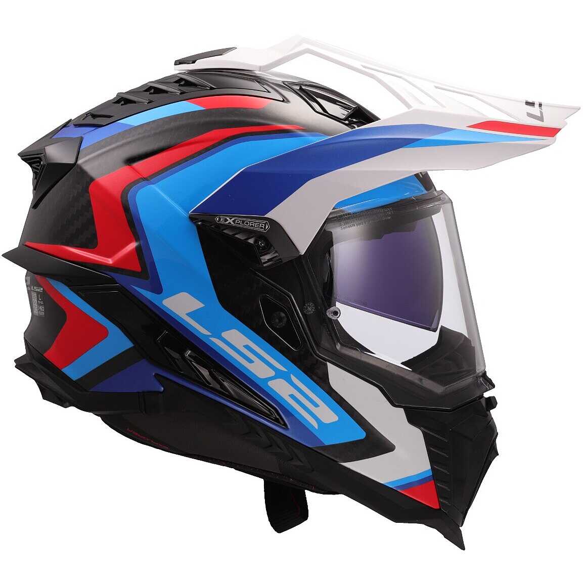 Casque de moto intégral tout-terrain LS2 MX701 EXPLORER C FRONTIER II en carbone blanc bleu ...