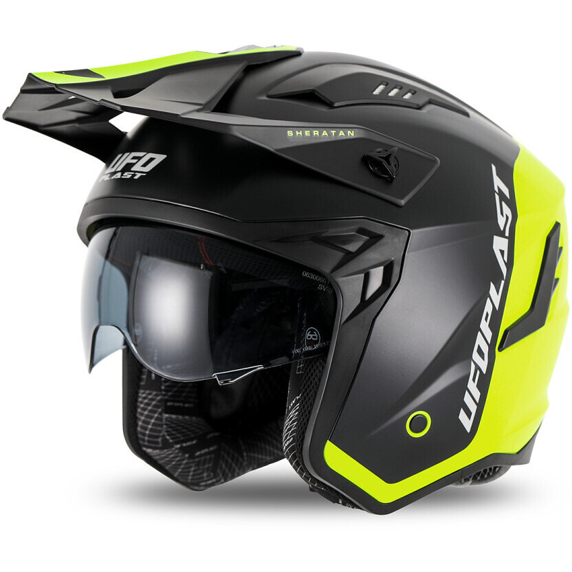 Casque moto jet Ufo SHERATAN JET jaune fluo noir Vente en Ligne ...
